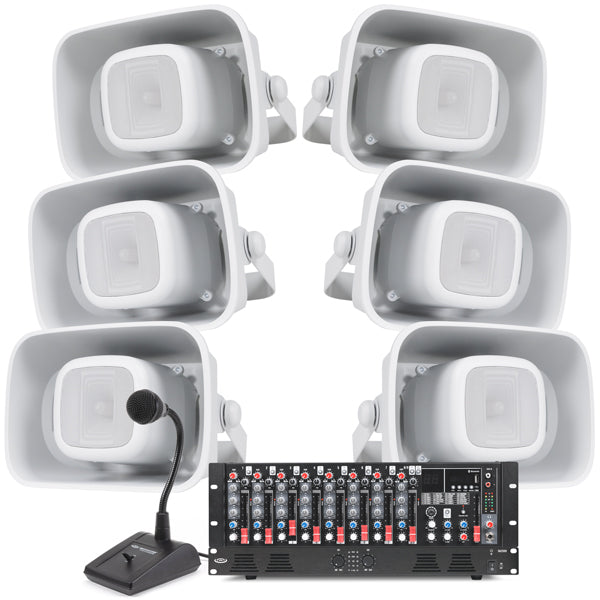 Warehouse PA System with 70V Horn Speakers, 9-Ch Mixer, Power Amp and Paging Mic