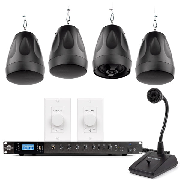 Paging Sound System with 8 Pendant Speakers, Rack Mount Bluetooth Mixer Amplifier, Push-to-Talk ...