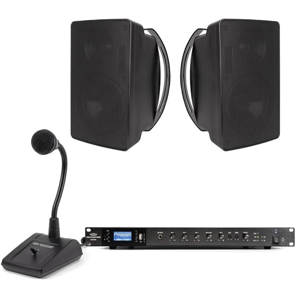 Public Address System with S6 Outdoor Speakers, Rackmount Bluetooth Mixer Amplifier and Paging ...