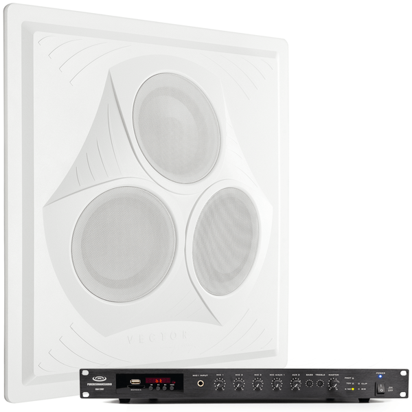 Small Conference Room Sound System with a Ceiling Tile Speaker and 120W Rack Mount Bluetooth ...