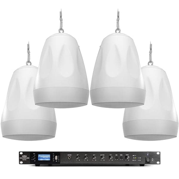 Hotel Music System with 70V White Pendant Speakers and 350W Rackmount ...