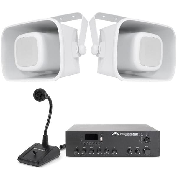Warehouse Paging System with 2 Horn Speakers, Mixer Amp and PTT1 Paging Mic