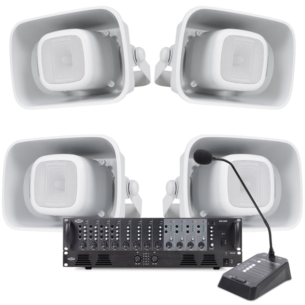 Paging System with All-Weather Horn Speakers, Multi-Zone Mixer, Power ...