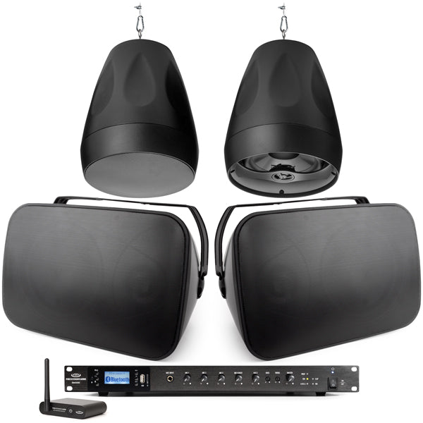Restaurant Music System with 6 Pendant Speakers and 2 Outdoor Speakers