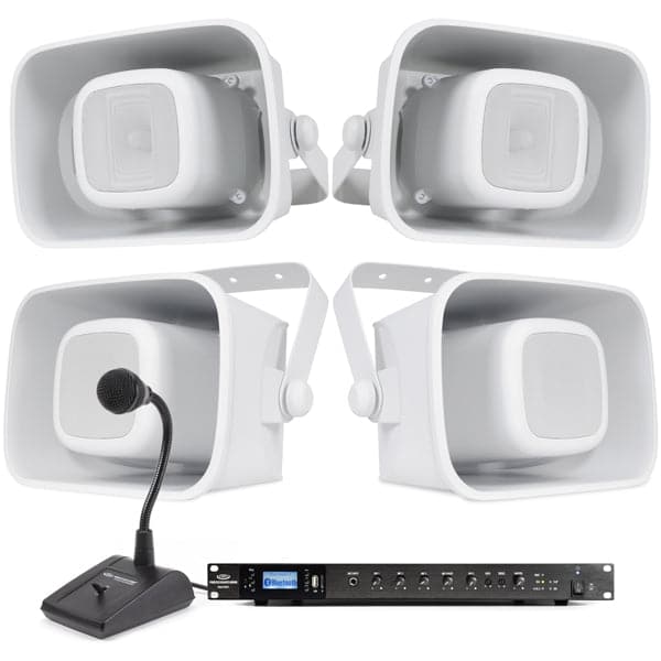 Outdoor Paging System with 70V Horn Speakers, Mixer Amp and Paging Mic