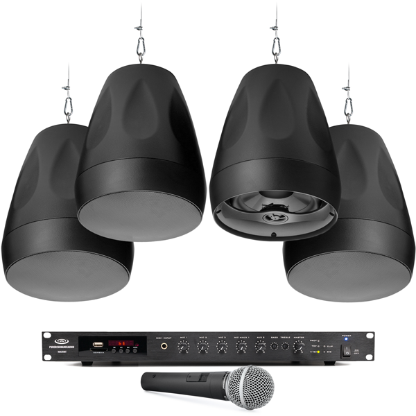 Warehouse Sound System with 12 Pendant Speakers, 500W Rack Mount ...