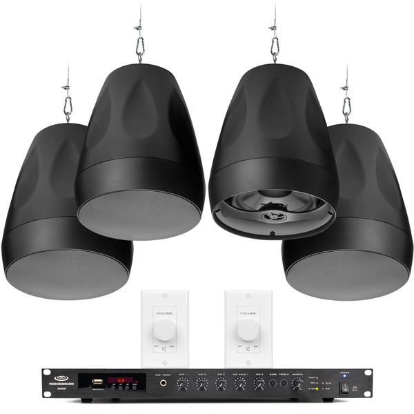 Warehouse Sound System with 8 Pendant Speakers, 350W Rack Mount Bluetooth Mixer Amplifier and 2 ...